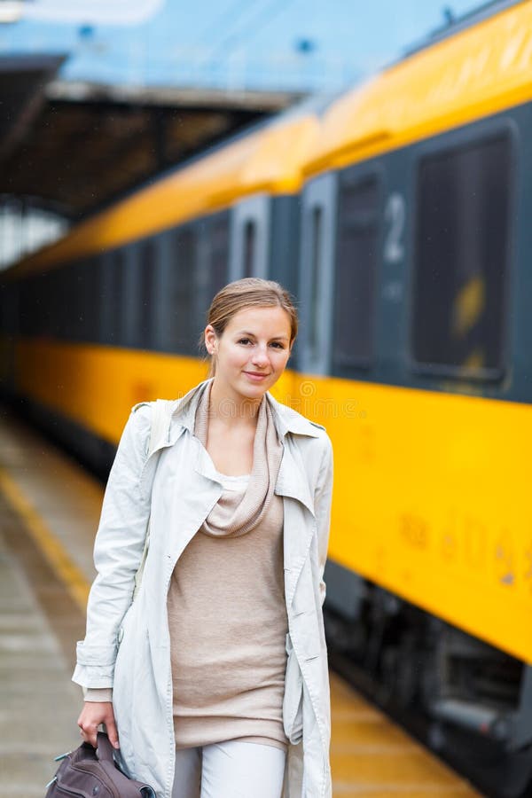 Pretty Young Woman at a Train Station Stock Image - Image of baggage ...