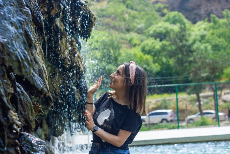 Pretty Young Woman Under the Waterfall, Happy Woman Under the Waterfall ...