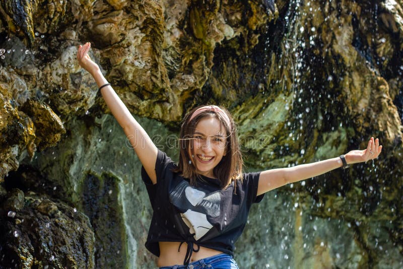 Pretty Young Woman Under the Waterfall, Happy Woman Under the Waterfall ...