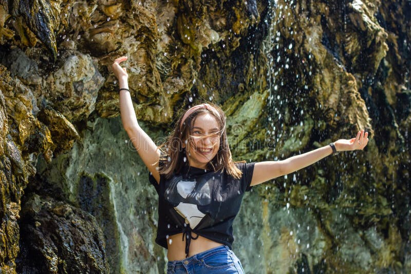 Pretty Young Woman Under the Waterfall, Happy Woman Under the Waterfall ...