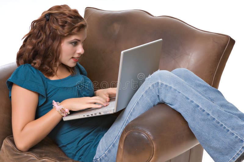 Pretty Young Woman Working on Computer Stock Image - Image of jeans ...