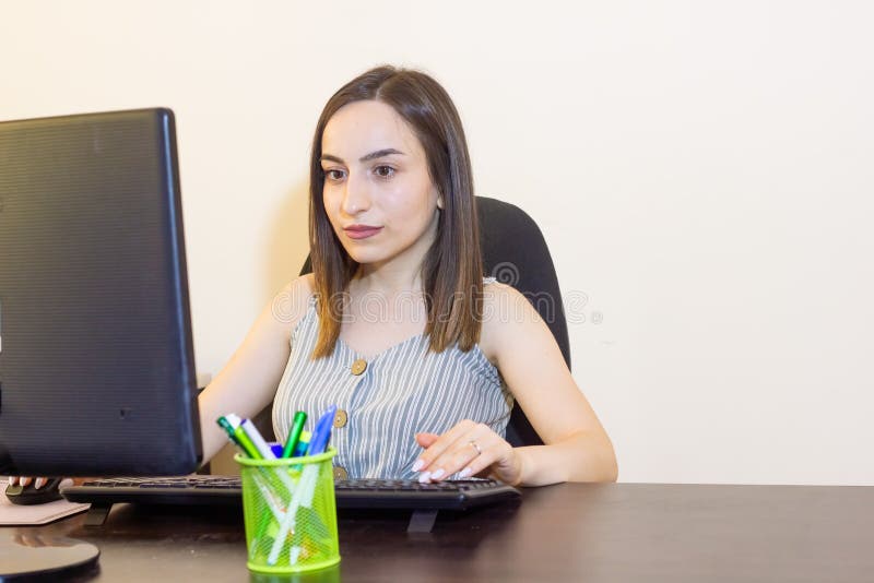 Pretty Young Woman Working on Laptop Stock Photo - Image of portrait ...