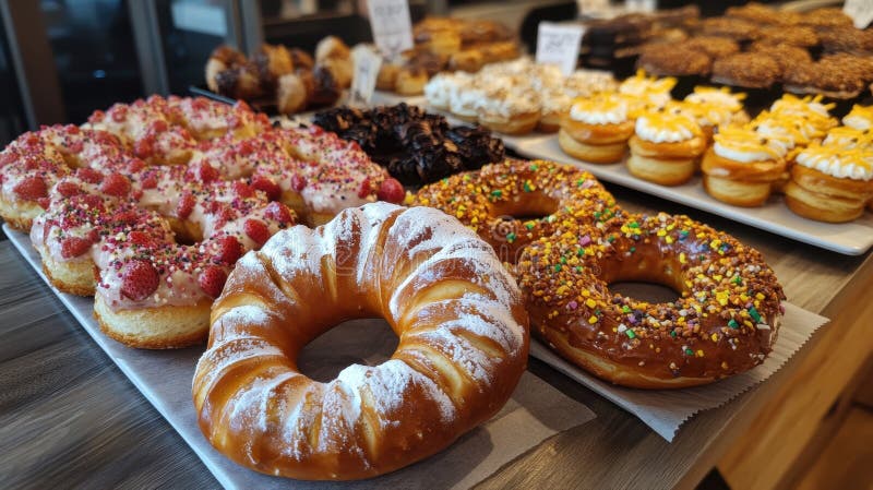 Pretzel Sunday Assortment of Colorful Donuts in Bakery Display Stock ...