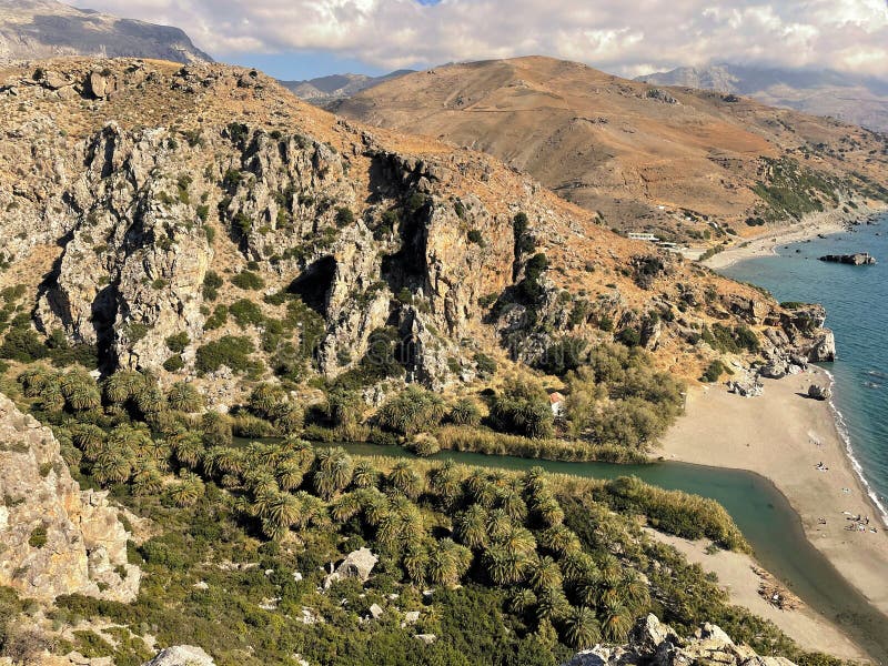 Preveli Palm Beach and River Landscape with Mountains on Crete Island ...