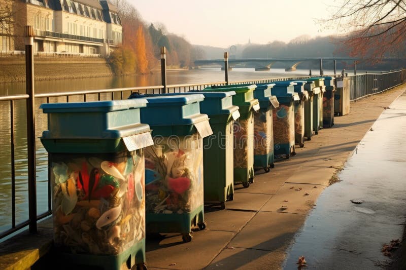 Preventing Pollution: Recycling Bins Near River Stock Illustration ...