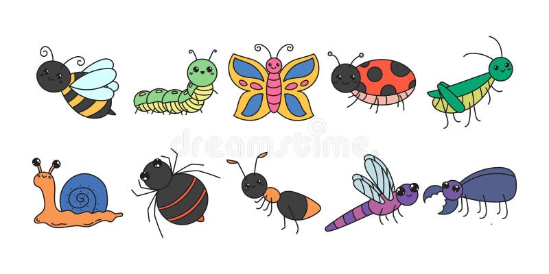 10 Cartoon Bugs Doodles Set Stock Illustration - Illustration of bugs ...