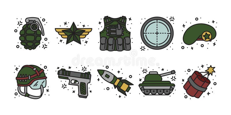 10 Military Doodle Set stock vector. Illustration of plane - 328455776