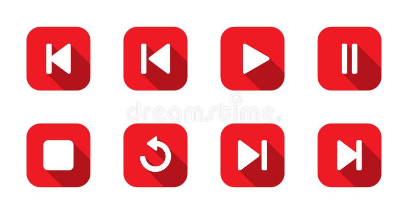 Previous, Play, Pause, Stop, Repeat, and Next Track Icon on Red Square ...