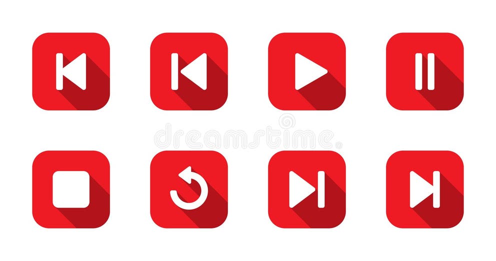 Previous, Play, Pause, Stop, Repeat, and Next Track Icon on Red Square ...