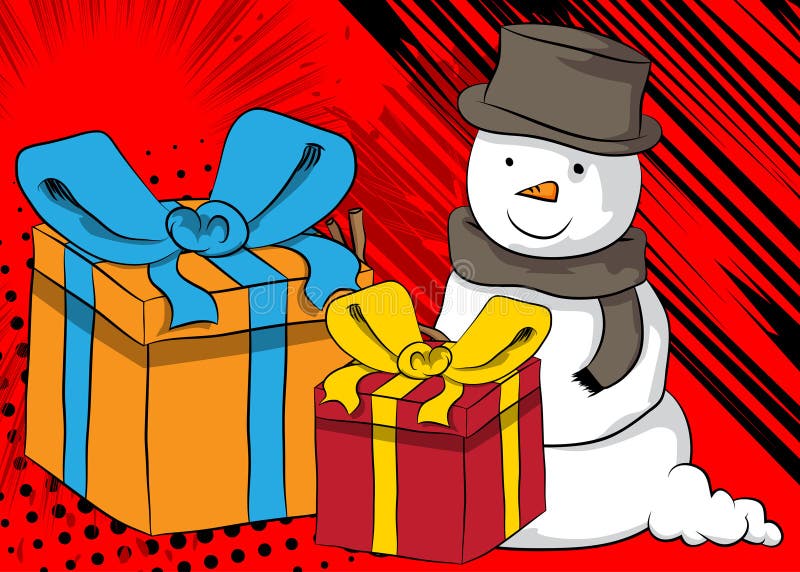 PriCartoon Gift Box and Snowman, Comic Book Holiday. Retro Comics Pop ...