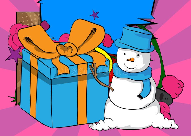 PriCartoon Gift Box and Snowman, Comic Book Holiday. Retro Comics Pop ...