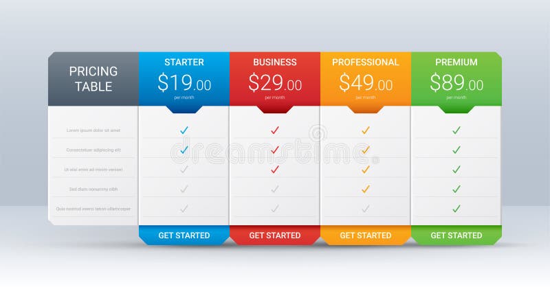 Price Comparison Table Layout Template for Four Products Stock Vector ...