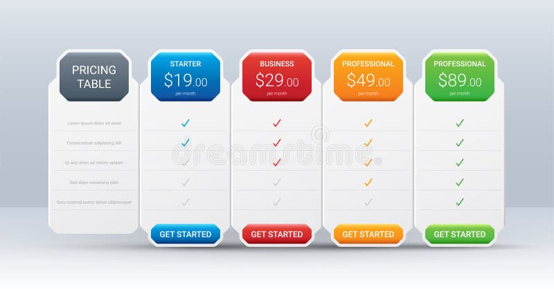 Price Comparison Table Layout Template for Four Products Stock Vector ...