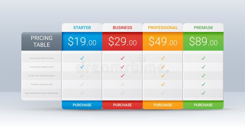 Price Comparison Table Layout Template for Three Products Stock Vector ...