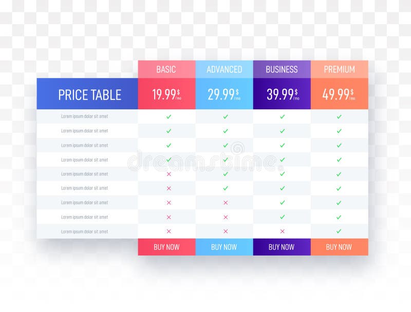 Price Table Business Template. Stock Vector - Illustration of compare ...