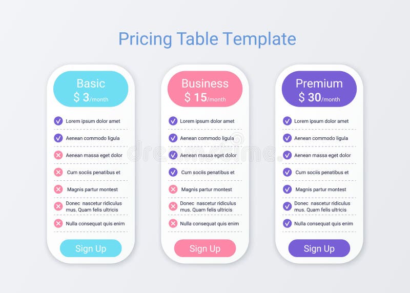 Price Table Comparison Template with 3 Columns. Vector Illustration ...