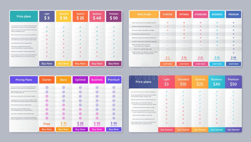 Table Price Comparison Template with 4 Columns. Vector Illustration ...