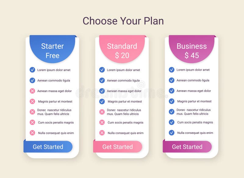 Price Table Plans. Comparison Chart Template. Pricing Data Grid Stock Illustration ...