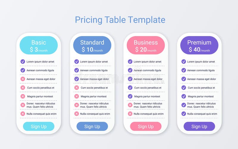 Price Table Chart Template with 4 Columns. Vector Illustration Stock ...