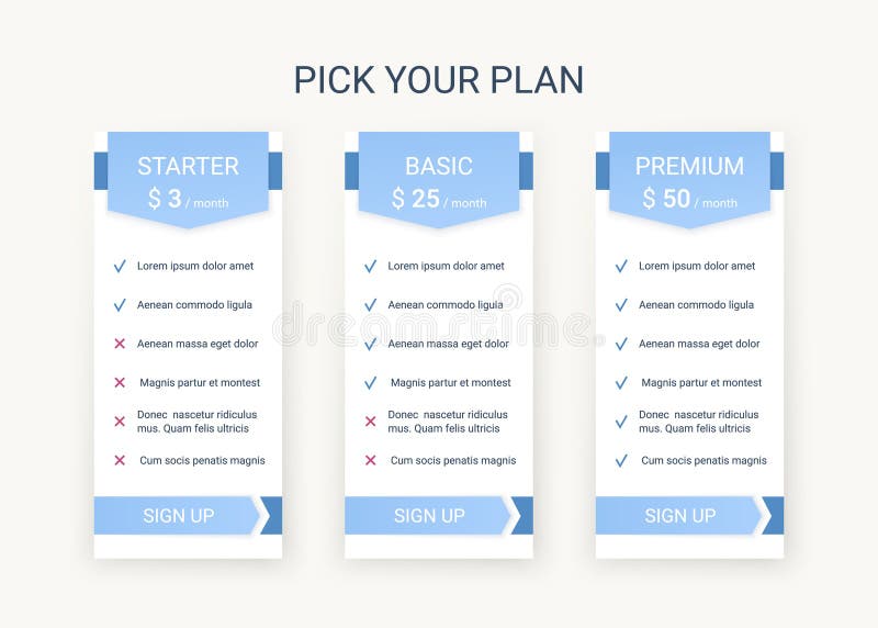 Price Table Comparison Template with 3 Columns. Vector Illustration ...
