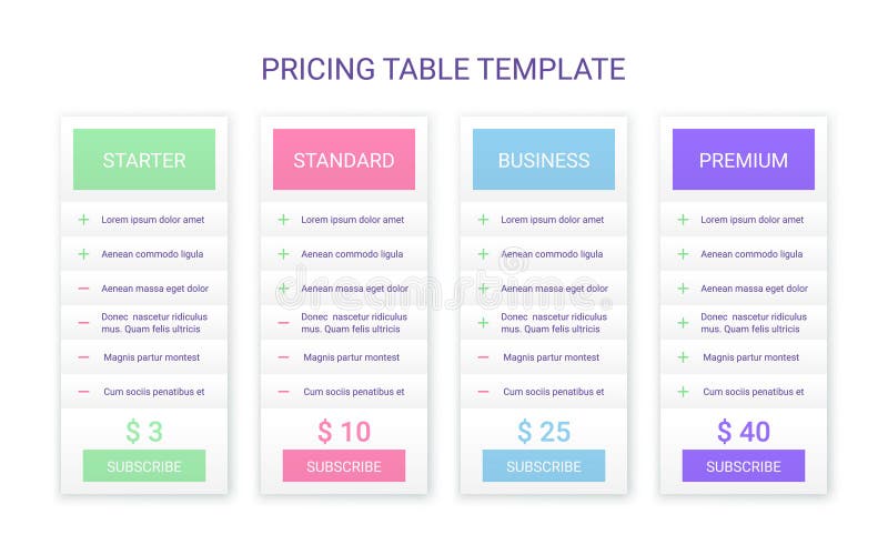 Price Chart Template with 5 Columns. Table Data Grid. Vector ...