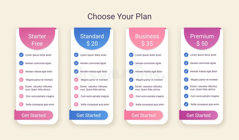 Price Table Template with 4 Columns. Pricing Data Grid. Vector ...