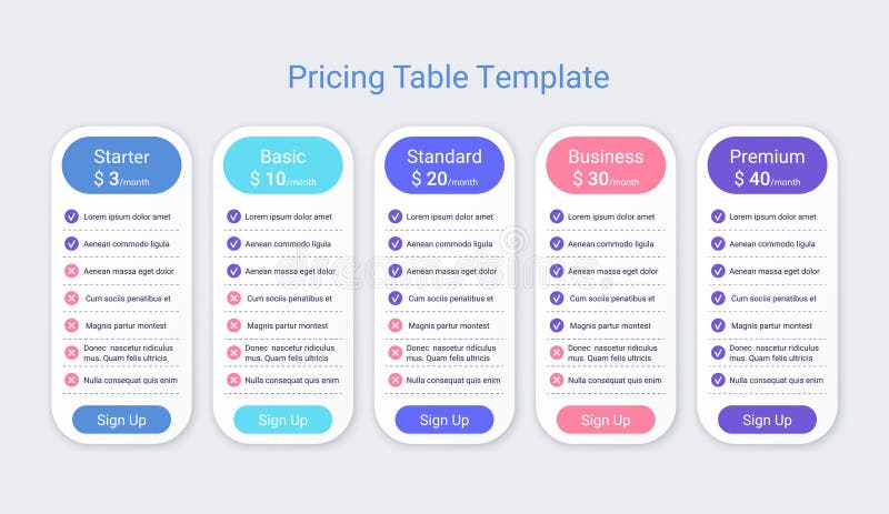 Pricing Table Template with 5 Columns. Vector Illustration Stock ...