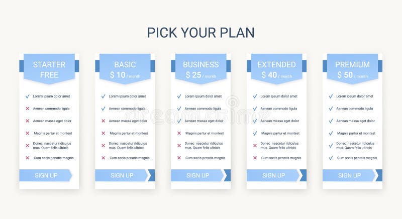 Price Table Template with 5 Options. Chart Data Grid. Vector ...