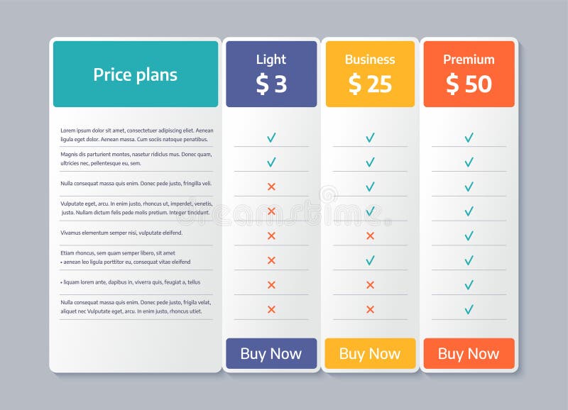 Price Table Comparison Template with 3 Columns. Vector Illustration ...