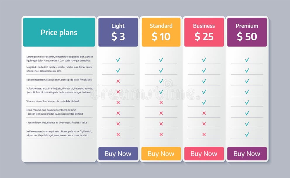 Price Table Comparison Template with 4 Columns. Vector Illustration ...
