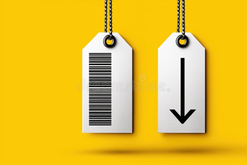 Price Tags with Barcode and Downward Arrow on Vibrant Yellow Background ...