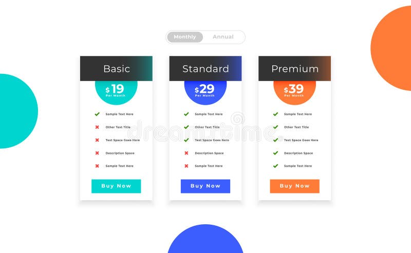 Pricing Chart Table Template for Website Presentation Stock Vector ...