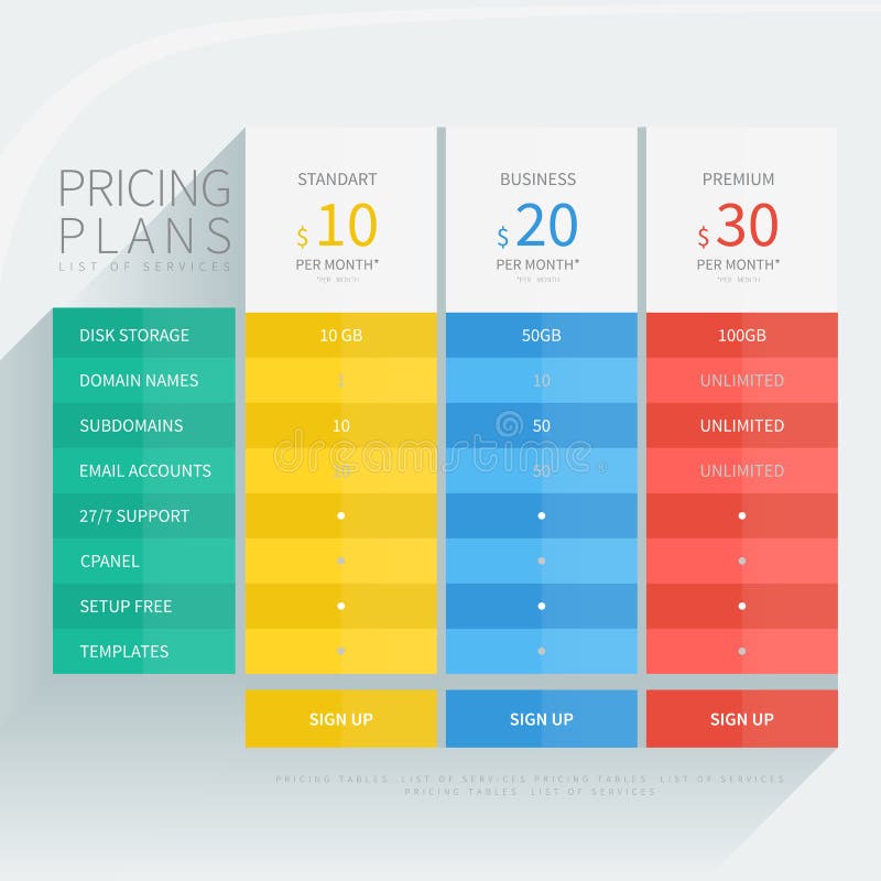 Pricing Comparison Table Set for Commercial Business Web Service Stock ...