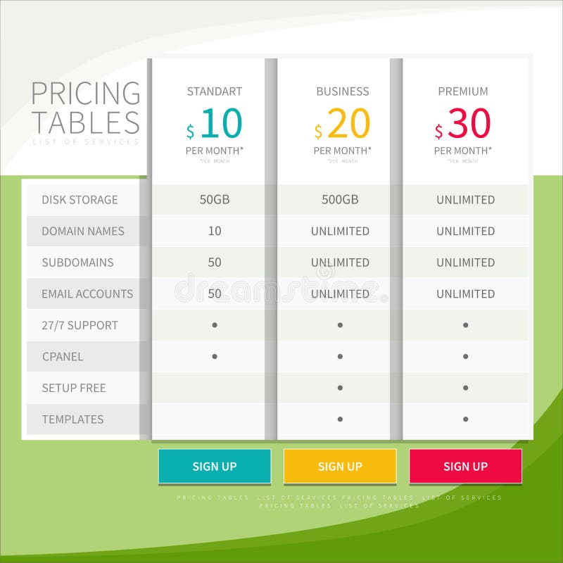 Pricing Comparison Table Set for Commercial Business Web Service Stock ...