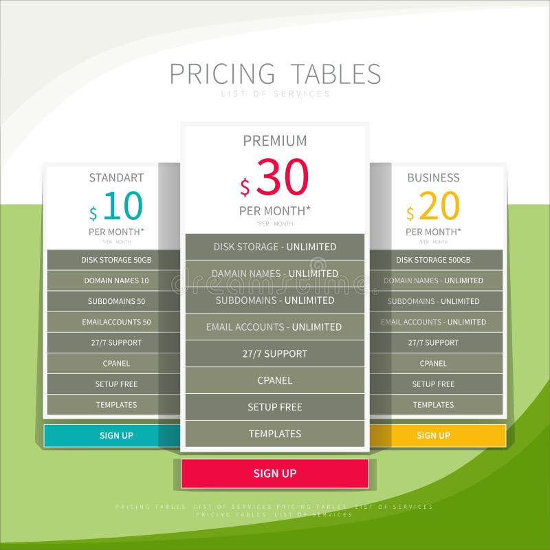 Pricing Comparison Table Set for Commercial Business Web Service Stock ...