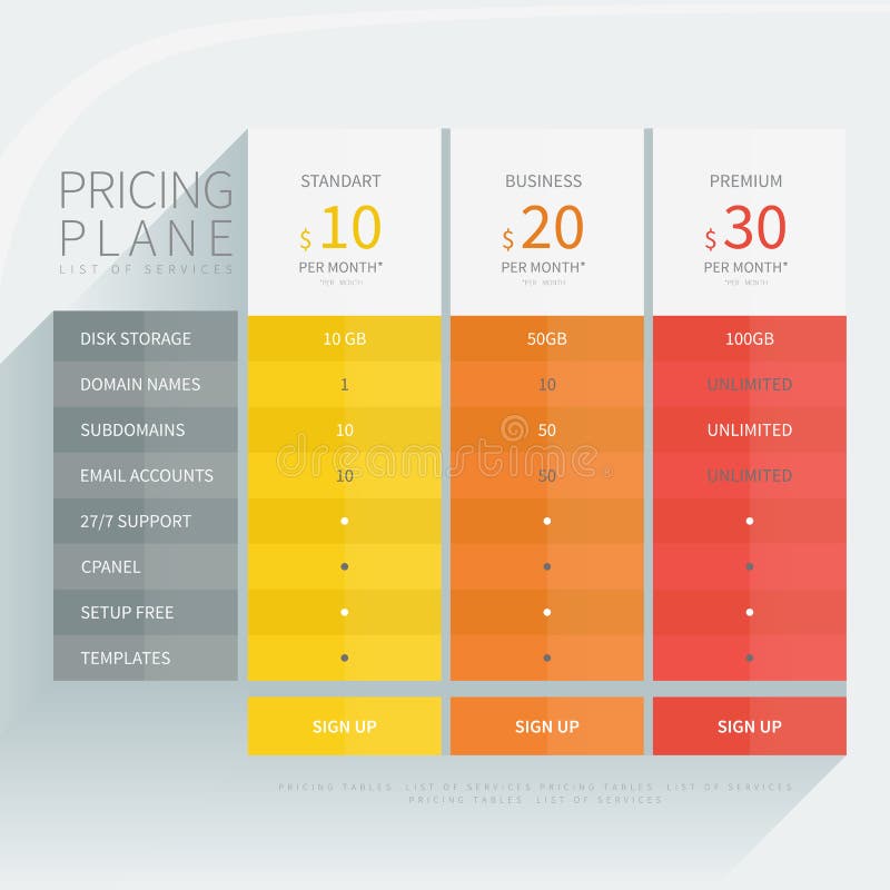 Pricing Comparison Table Set for Commercial Business Web Service Stock ...