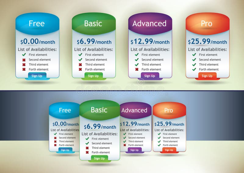 Price Plans. Comparison Infographic Tab with 3 Columns. Web Table with ...