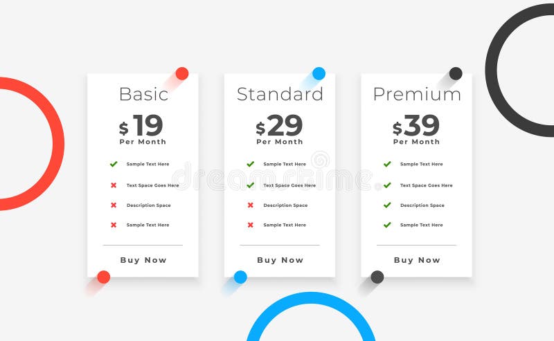 3 Pricing Plan Table Template for Web Business Stock Vector ...