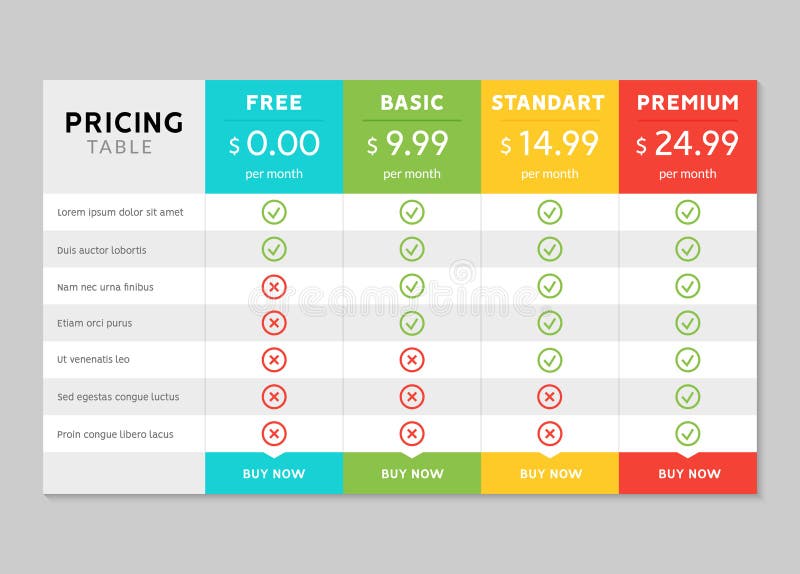 Table Price Comparison. Vector Illustration. Chart Plan Color Template ... Table Price Comparison. Vector Illustration. Chart Plan Color Template ...