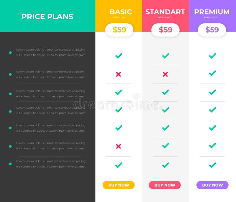 Pricing Table and Pricing Chart Price List Vector Template for Web or ... Pricing Table and Pricing Chart Price List Vector Template for Web or ...