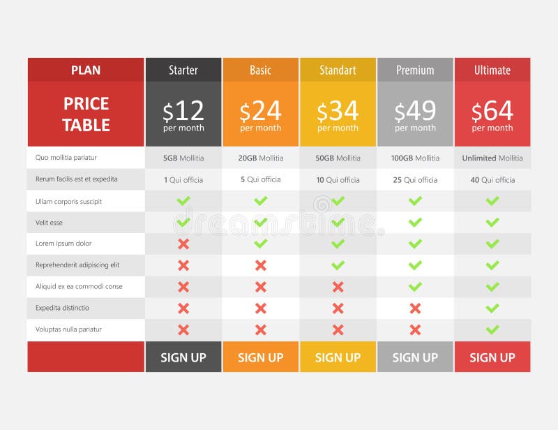 Pricing Table Template for Web Design and Business Stock Vector ...