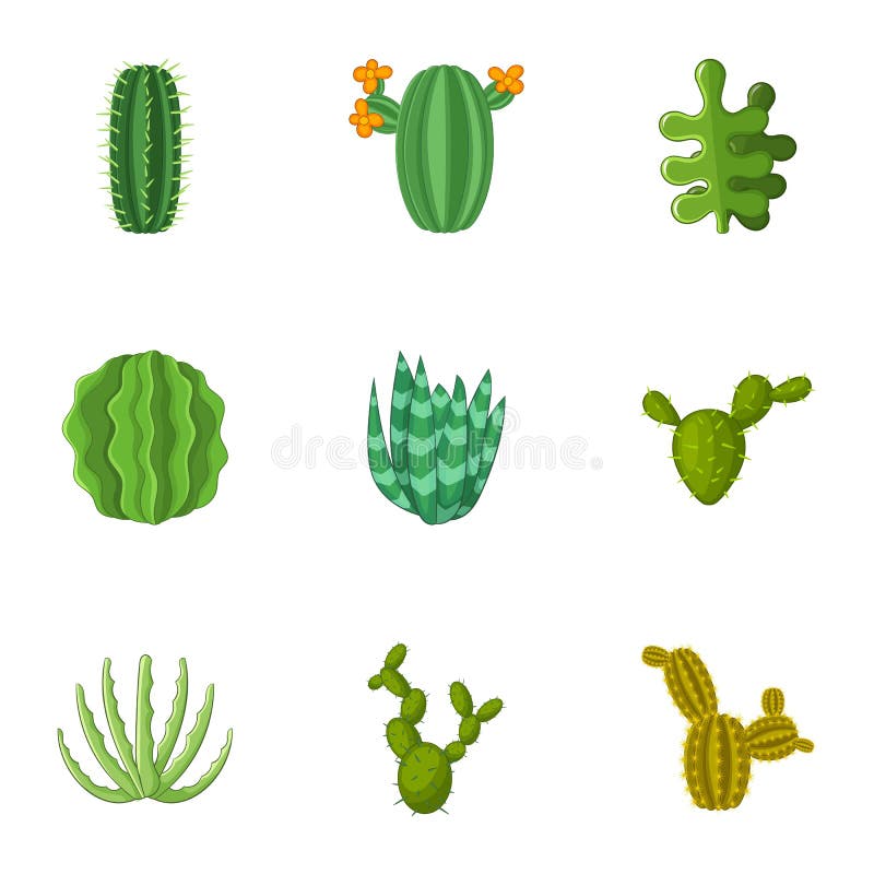 Prickly Cactus Icons Set, Cartoon Style Stock Vector - Illustration of ...