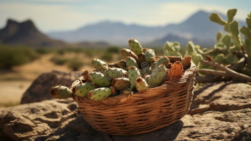 Prickly Pears with a Desert Backdrop in a Basket Stock Illustration ...