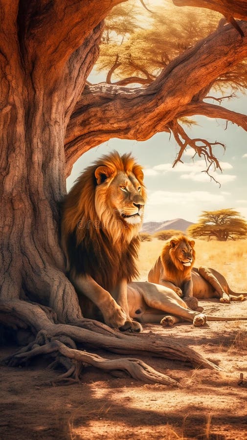 Pride of African Lions Resting in the Shade of an Ancient Tree ...