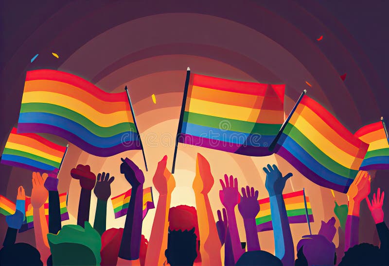 Pride Community at a Parade with Hands Raised and the LGBT Flag ...