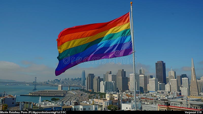 A Pride Flag Flying Over a Cityscape Wide Shot Stock Image - Image of ...