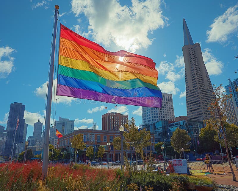 A Pride Flag Flying Over a Cityscape Wide Shot Stock Photo - Image of ...