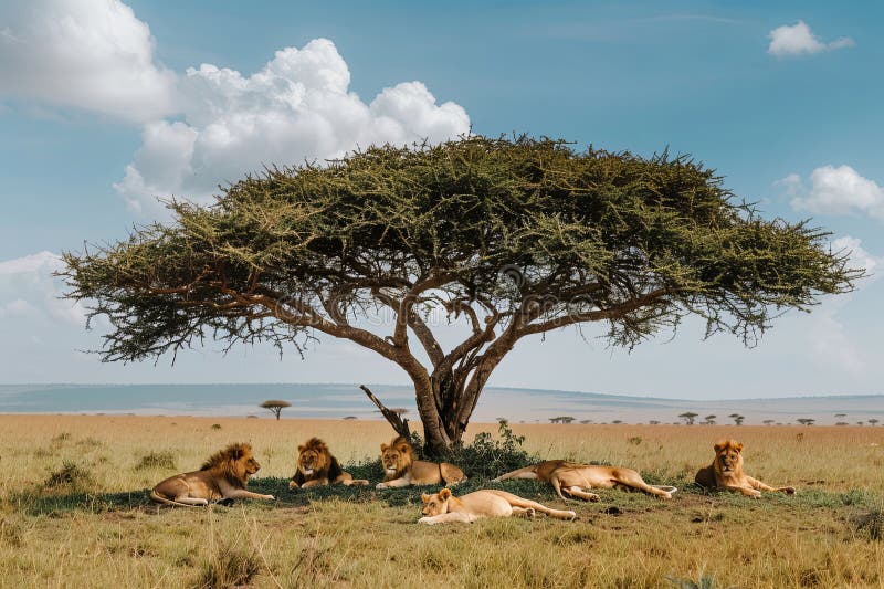 A Pride of Lions Resting Under an Acacia Tree in the Savannah Stock ...