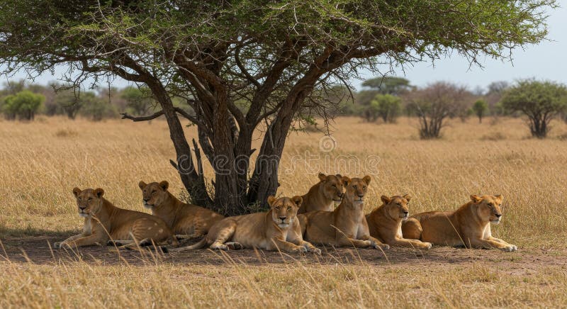 Pride of Lions Resting Under Tree in African Savannah Landscape Stock ...