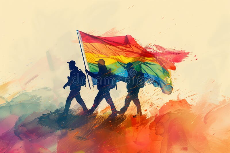 Pride March Silhouette, Holding a Vibrant Rainbow Flag Ripples in the ...